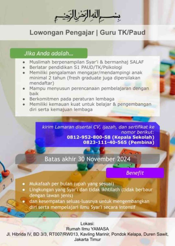 [DIBUKA] Lowongan Kerja Guru TK/PAUD - Jakarta Timur - LokerMuslim.ID